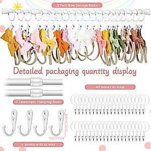 Ferraycle Wall Hanging Bow Holder with Hooks Hair Bow Holder Organizer for Girls Hanger Headband Storage Organizer Include Metal Bow Hanger 16-23.6 Inch Rods Wall Hooks(White,46 Pcs)