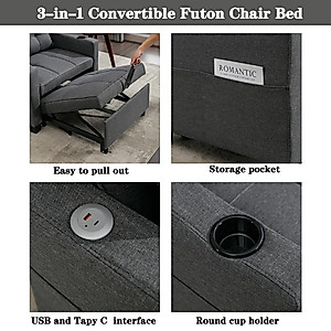 Luoyisimall Leather Sofa Bed, 3-in-1 Convertible Futon Sofa Beds with USB Ports and Cup Holder,Adjustable Backrest Sleeper Lounge Chair for Living Room，Bedroom,Guest Room (Linen Dark Grey)