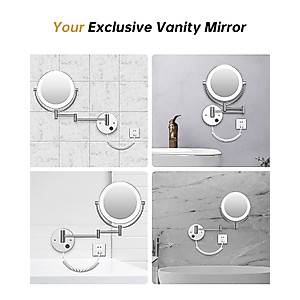 Gospire 8.5" Wall Mounted Lighted Magnifying Mirror, 1X/10X Double-Sided Magnification Round LED Cosmetic Vanity Bathroom Mirror Extendable Arm 360° Swivel for Shaving Makeup