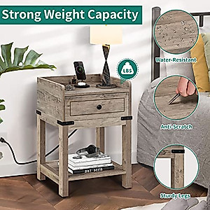 YITAHOME Farmhouse Nightstand with Charging Station, Night Stands with Drawer for Bedroom, Bedside Table with Lip for Small Space, End Side Table with USB Ports and Outlets, Set of 2, Grey
