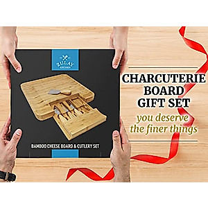 Zulay Kitchen Premium Bamboo Cheese Board Set - Extra Thick Bamboo Charcuterie Board Set with 4 Piece Knife Set - Wooden Cheese Board is Perfect for Charcuterie, Wine and Cheese (Party Set)