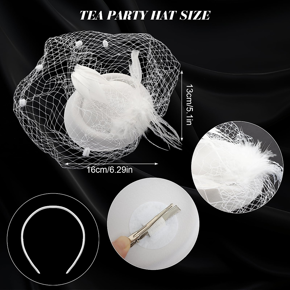 Heliltd 5Pcs Lace Fascinators for Women Tea Party Fascinator Hat for Women White Veil Feathers Hats Gloves Pearl Jewerly Set