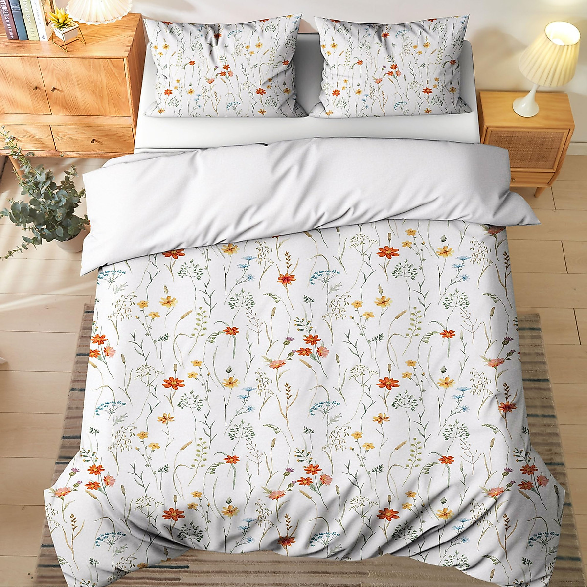 MULLEPP White Floral Duvet Cover Queen Size 3 Piece Farmhouse Yellow Botanical Flowers Leaf Pattern Microfiber Bedding Comforter Cover Set, Soft and Lightweight Quilt Cover for All Season