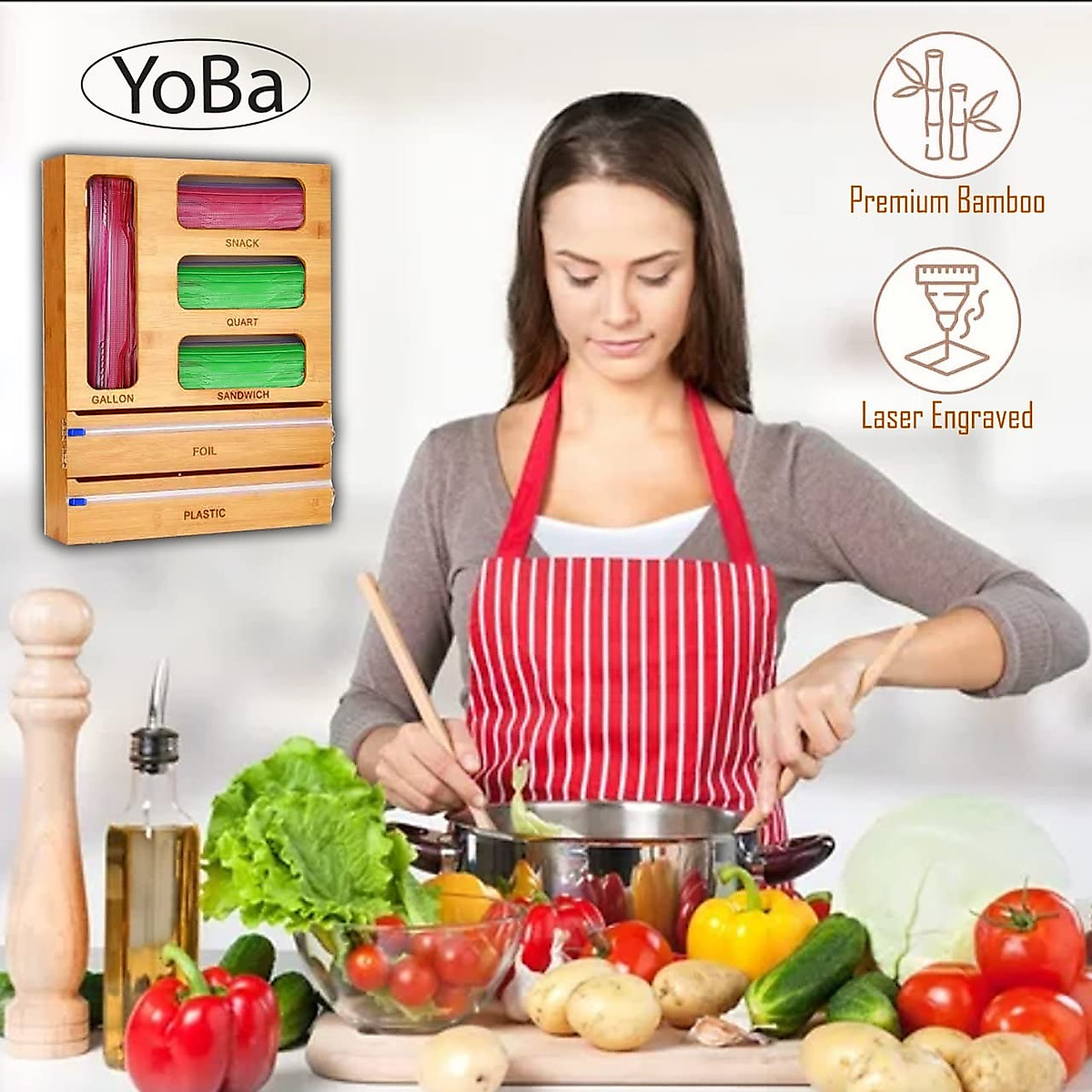 YoBa Bamboo Ziplock Bag Organizer for Drawer with Plastic Wrap Dispenser, Compatible with Gallon, Quart, Sandwich, Snack and Aluminum Foil Roll