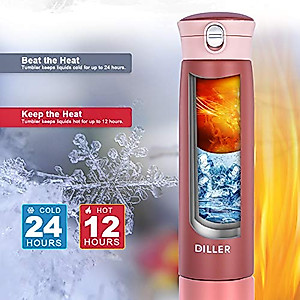 Diller Thermal Water Bottle, Coffee Travel Mug 16 or 8 oz Kids Mini Water Bottle Tumbler with Spout Lid, Leak Proof Flask for Kids and Women Keep 12H Piping Hot & 24H Cold (Pink, 8 oz)