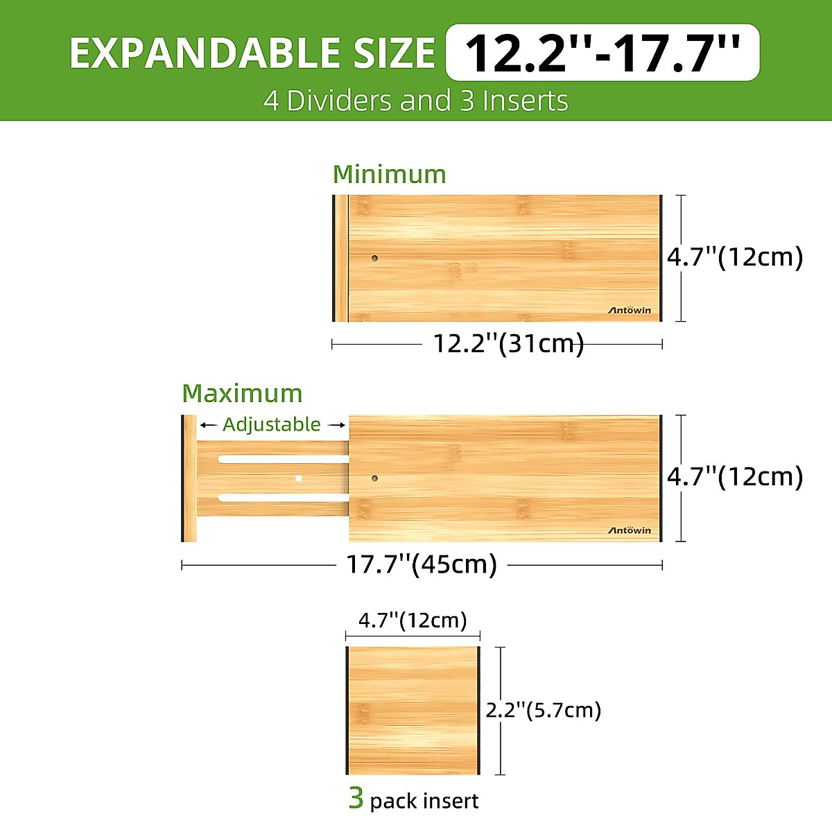 ANTOWIN 4 Pack Expandable Drawer Dividers, 4.7'' High, Extend from 12.2'' to 17.7'', Dresser Drawer Organizers, Bamboo Separators for Kitchen, Bedroom, Office, Bathroom (Natural)