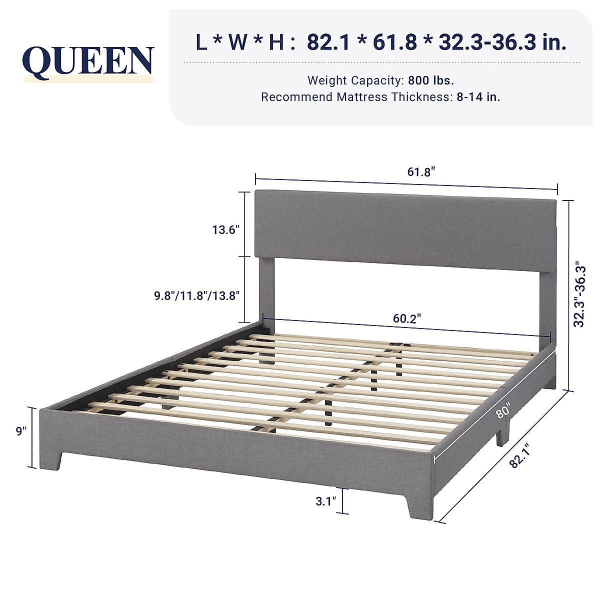 Allewie Queen Bed Frame with Upholstered Adjustable Headboard, Platform Bed with Wood Slats, Heavy Duty Mattress Foundation, No Box Spring Needed, Easy Assembly, Light Grey