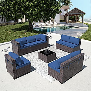 RTDTD Outdoor Patio Furniture Set, 9 Pieces Outdoor Furniture All Weather Patio Sectional Sofa PE Wicker Modular Conversation Sets with Coffee Table,8 Chairs & Seat Clips(Dark Blue)