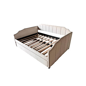 DNYN Upholstered Full Size Daybed with Trundle,Sofábed Design Bedframe w/Soft Fabric & Wood Slat Support,No Box Spring Needed & Easy Assemble,for Small Space,Bedroom,Guest Room, Beige