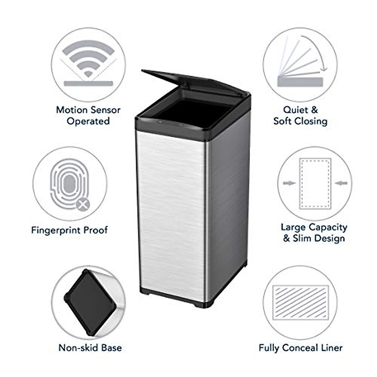 CozyBlock Automatic Trash Can for Kitchen, Stainless Steel Touchless Motion Sensor Bin, Wide Opening Soft Close Lid, LED Countdown Timer (13 Gallon- Slim Design)