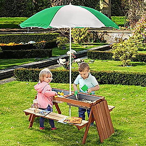Outsunny Kids Picnic Table with Umbrella and Storage Inside, Sand and Water Table, Kids Outdoor Furniture, Wooden Bench Backyard Furniture for Garden, Patio, or Balcony