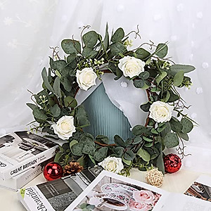 Adeeing Artificial Eucalyptus Wreath for Front Door 20 Inch Green Leaves Welcome Wreath with Wood Sign Rose Flower Farmhouse Wreath for Window Wall Party Home Decoration