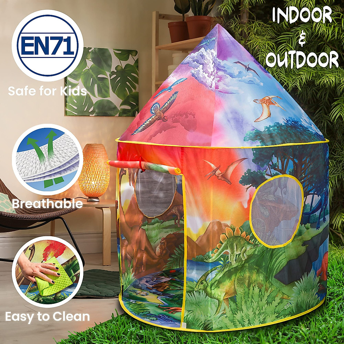 W&O Dinosaur Discovery Play Tent with Roar Button - Extraordinary Pop Up Tent for Boys & Girls - Perfect for Indoor & Outdoor Adventures