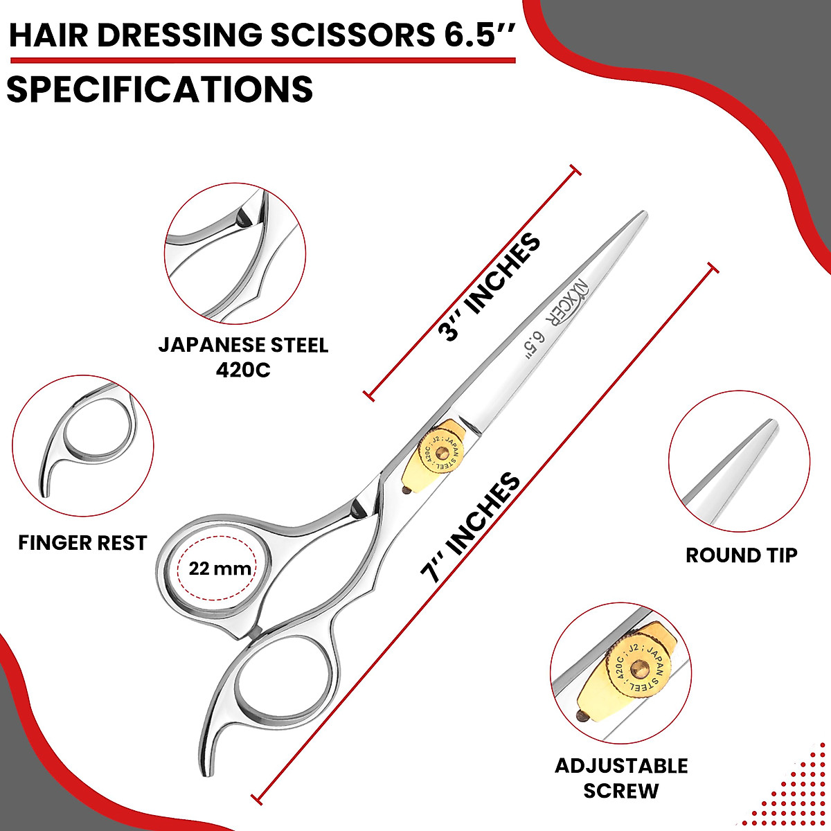 Nixcer Hair Cutting Scissors -Sharp Razor Edge Blade Hair Shears Series - 6.5" With Fine Adjustment – Stainless Steel Hair Scissors Professional For Men, Women & Babies (Silver)