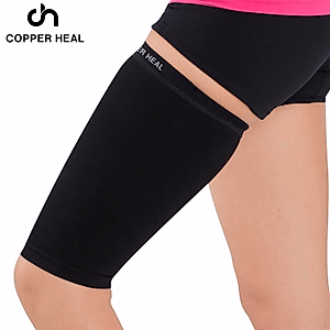 THIGH Compression Recovery Sleeve by COPPER HEAL - Recover from Sore Pulled Hamstring & Groin Strain Sprains Tendinitis Injury Quadriceps Muscle Tear Quad Support Sports workout Soccer leg