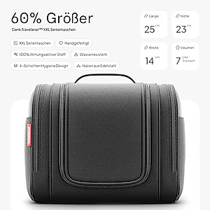 Travelaner [NEW] Hanging Toiletry Bag [Design 2023] for Women & Men, Quality Make Up & Travel Cosmetic Bag, Water Repellent, 7+ Liters of Storage Space, Large Side Pockets & Sturdy Zippers (Black)