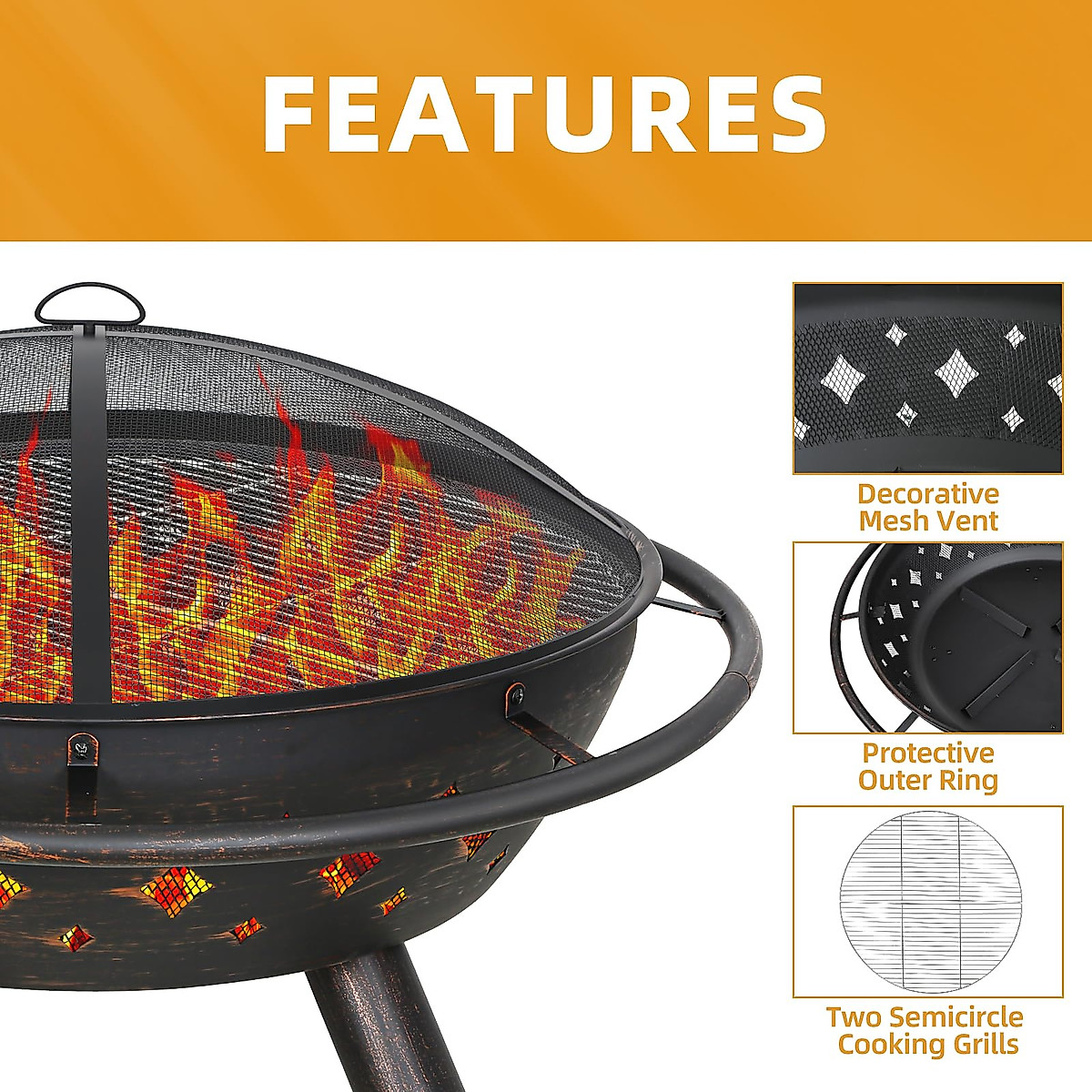 Hykolity 41" Large Size 2 in 1 Outdoor Fire Pit with Grill, Heavy Duty Steel Wood Burning Firepalce, Fire Bowl with Antiqued Copper Finish for Bonfire Patio Backyard