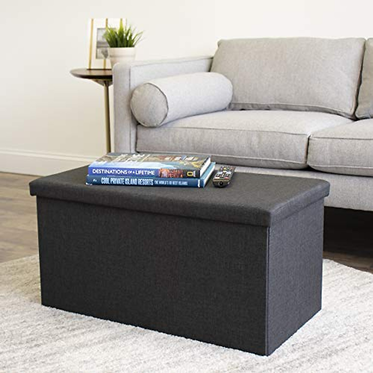 Humble Crew, Grey Coffee Table Storage Ottoman with Tray