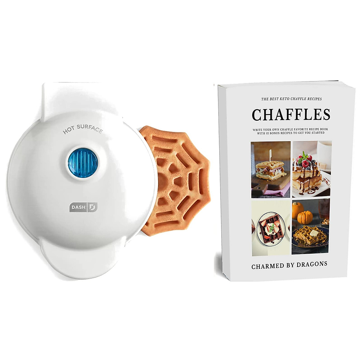 Dash MINI Waffle Iron 4" SPIDERWEB With The Best Keto Chaffle Recipe Book and Journal by Charmed By Dragons (4 inch MINI WHITE SPIDERWEB)