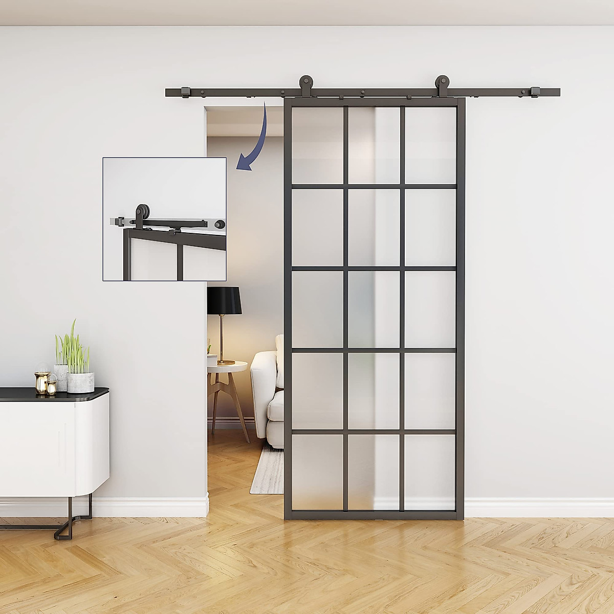 BARNSMITH 36in x 84in Frosted Glass Barn Door with 6.6FT Top Mounted Hardware kit Soft Close Mechanism DIY 15 Lites Tempered Modern Aluminum Sliding Glass Door Slab Disassembled Easy Installation