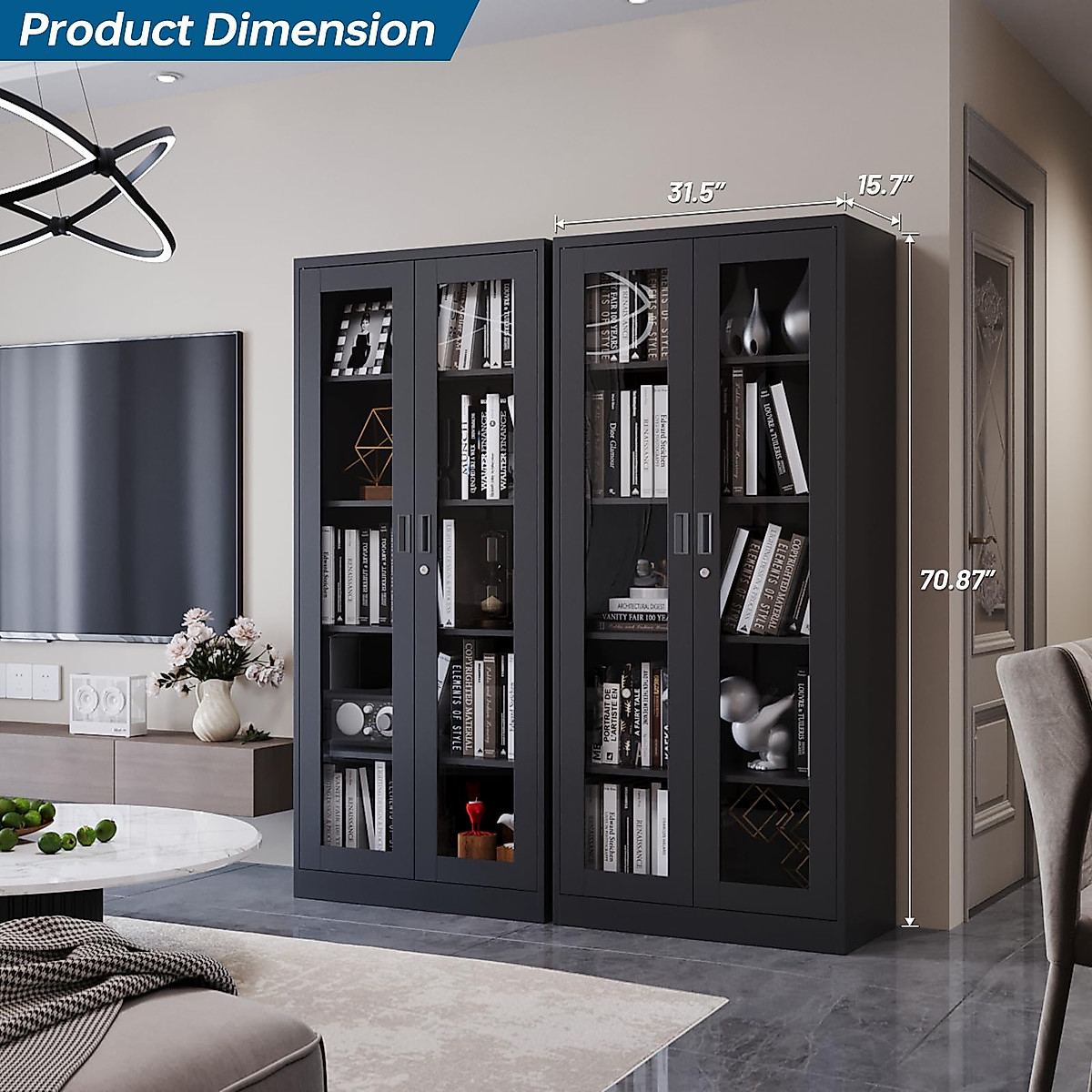 PEUKC Display Cabinet with Glass Doors, Curio Cabinets with 4 Adjustable Shelves, Locking Glass Cabinet Display Case for Home, Office, Clinic, Pantry, Assemble Required, Black