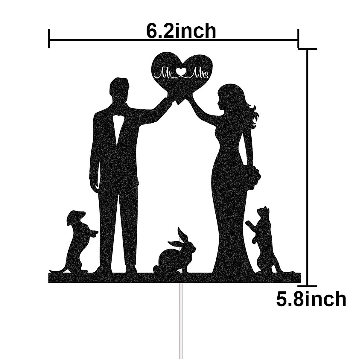 Mr & Mrs Wedding Cake Topper, Bride and Groom with Pet Dog Cat Rabbit Silhouette Party Cake Decorations, Engagement Bridal Shower Bachelorette Cake Decors Black Glitter