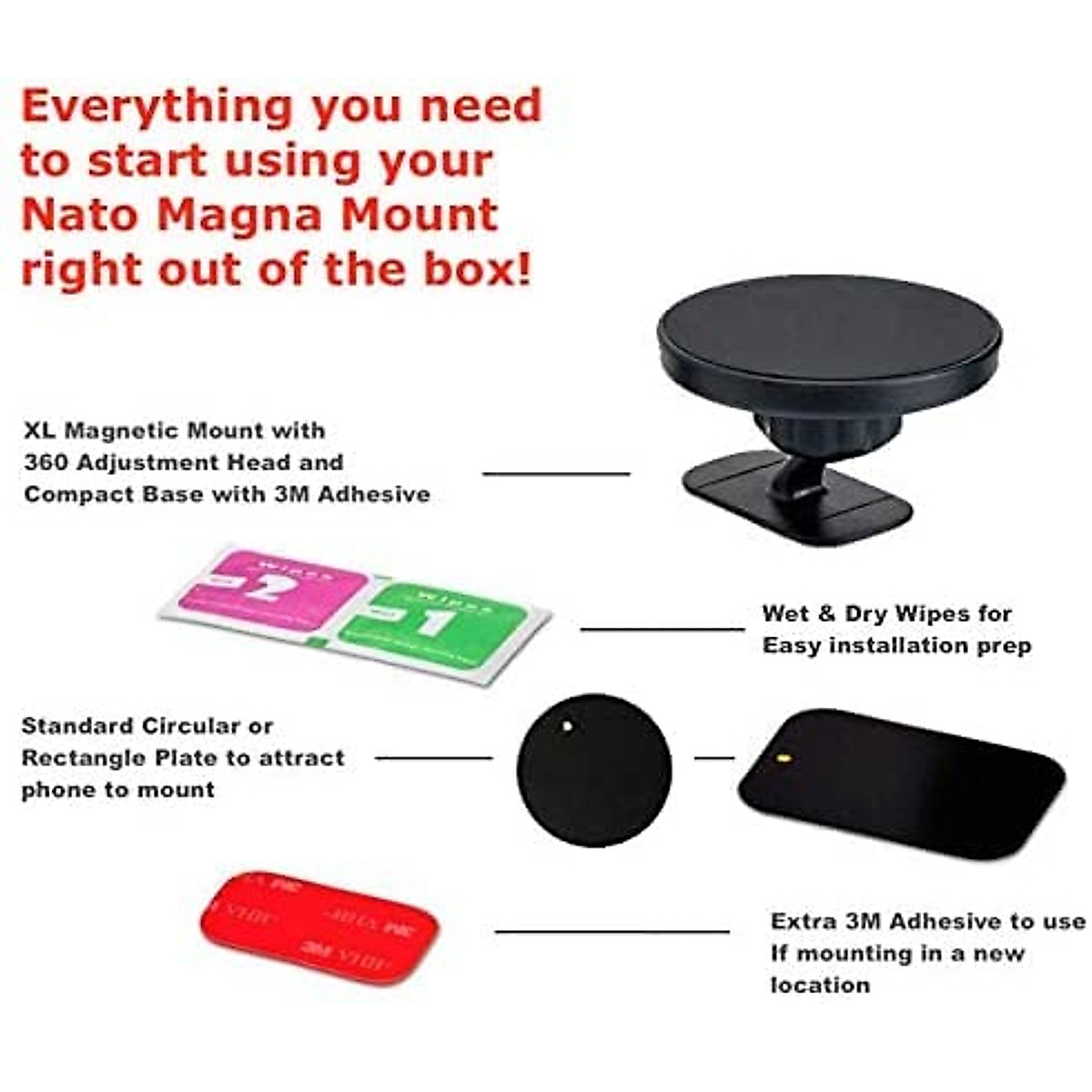 Nato Magna Mount Original [2 Pack] Universal Magnetic Cell Phone Mount for use on Any Cell Phones or Tablet - [ Super Strong Magnet ] [ VHB Auto Adhesive Mounting ] [ 360° Rotation ]