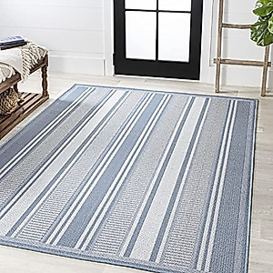 JONATHAN Y SMB202E-8 Haynes Modern Double Stripe Indoor Outdoor Area-Rug, Rustic, Transitional, Farmhouse Easy-Cleaning,Bedroom,Kitchen,Backyard,Patio,Non Shedding, Blue/Light Gray, 8 X 10