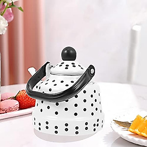 YARDWE Enamel Teapot Stovetop Tea Kettle: Porcelain Enameled Teakettle Dot Pattern Hot Water Kettle Pot for Camping Home Kitchen 1. 1L White