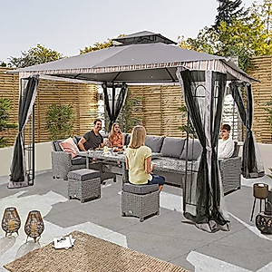 Joyside Patio Gazebo with Netting 12 ft. x 10 ft. Double Tier Roof gazebos for patios (Grey)