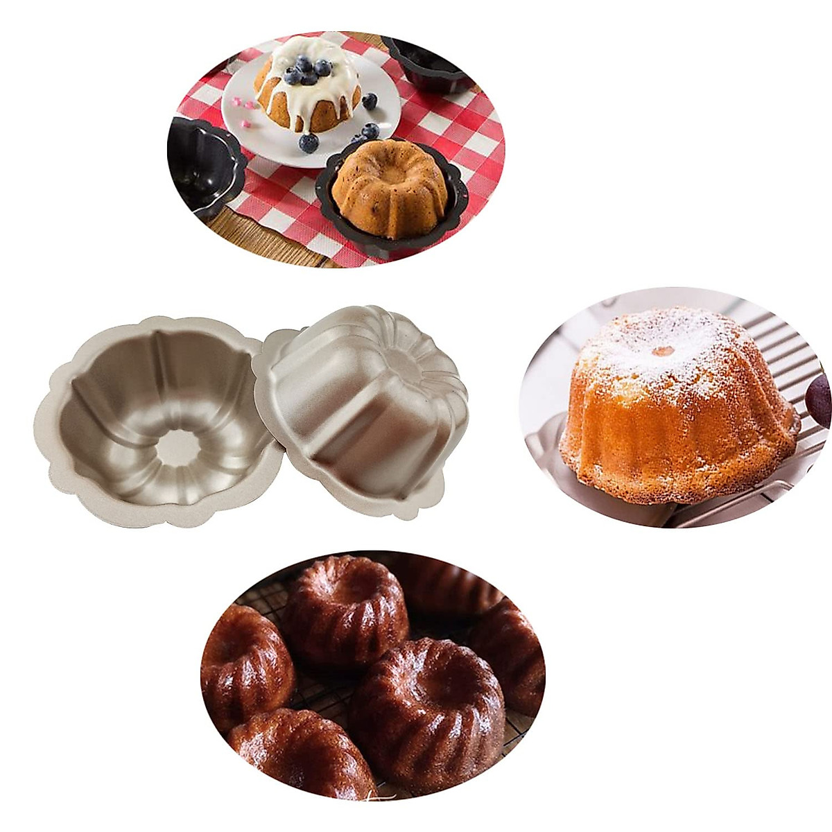 LoveDeal 4 Inch Nonstick Mini Bundt Cake Pan, Set of 4 for Baking, Carbon Steel Fluted Cake Pans, Metal Round Pumpkin Shaped Cake Mould for Cupcake, Muffin, Brownie, Pudding - Gold