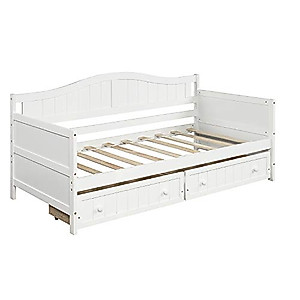 DHHU Wood Platform Bed/Twin Wooden Daybed with 2 Drawers/Wood Slat Support/White