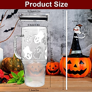 ONEHAUS Ghost Cup with Handle, 40oz Glass Tumbler Mug, Glass Cups with Lids and Straws, Halloween Ghost Decorations Gifts Glass Cups Ghost Tumbler for Iced Coffee, Fits In Cup Holder