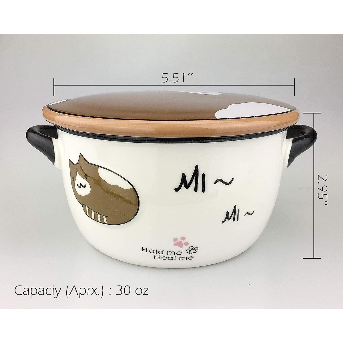 VanEnjoy Big Capacity 24oz 3D Cute Cartoon Microwave Ceramic Soup Cat Bowl Instant Noodle Bowl Cereal Bowl for Salad Fruit Vegetable with Ceramic Kitty Cat Lid and Handles (coffee)