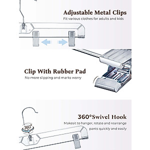 HOUSE DAY Clear Skirt Hangers with Clips, Non-Slip Plastic Pant Hangers with Adjustable Clips, Slim Clip Hangers for Pants, Skirts, Shorts, 14" Clear Hangers 10 Pack, 360-Rotating Swivel Hook