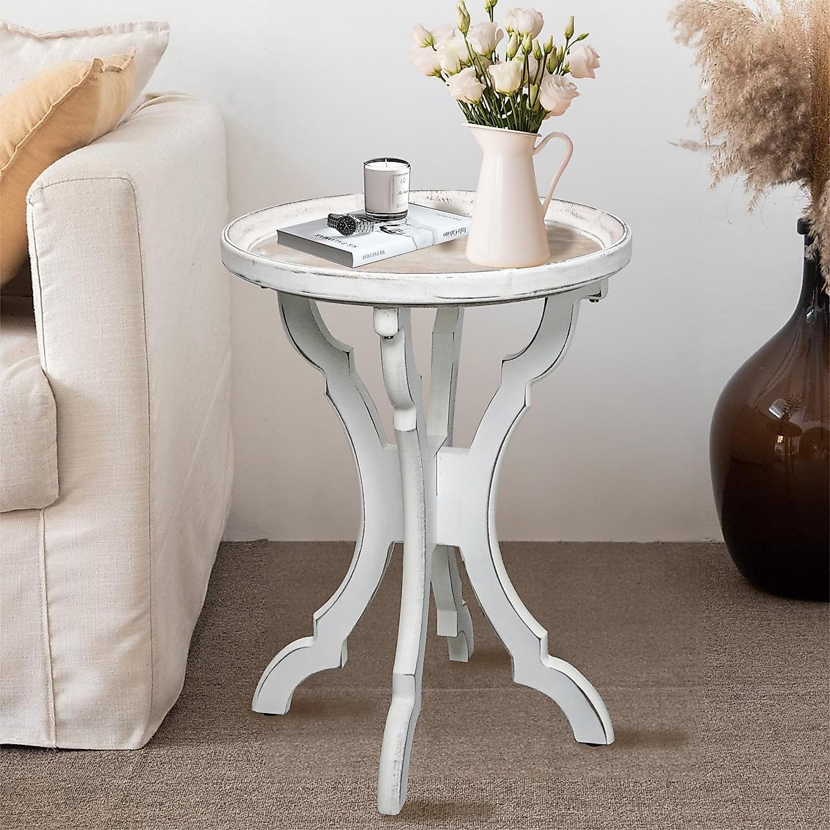 HCODCIBA Round Side Table with Carved Tray Top,Farmhouse Small End Table with Curved Legs,Retro Bedside Table Rustic Accent Table for Living Room,Bedroom