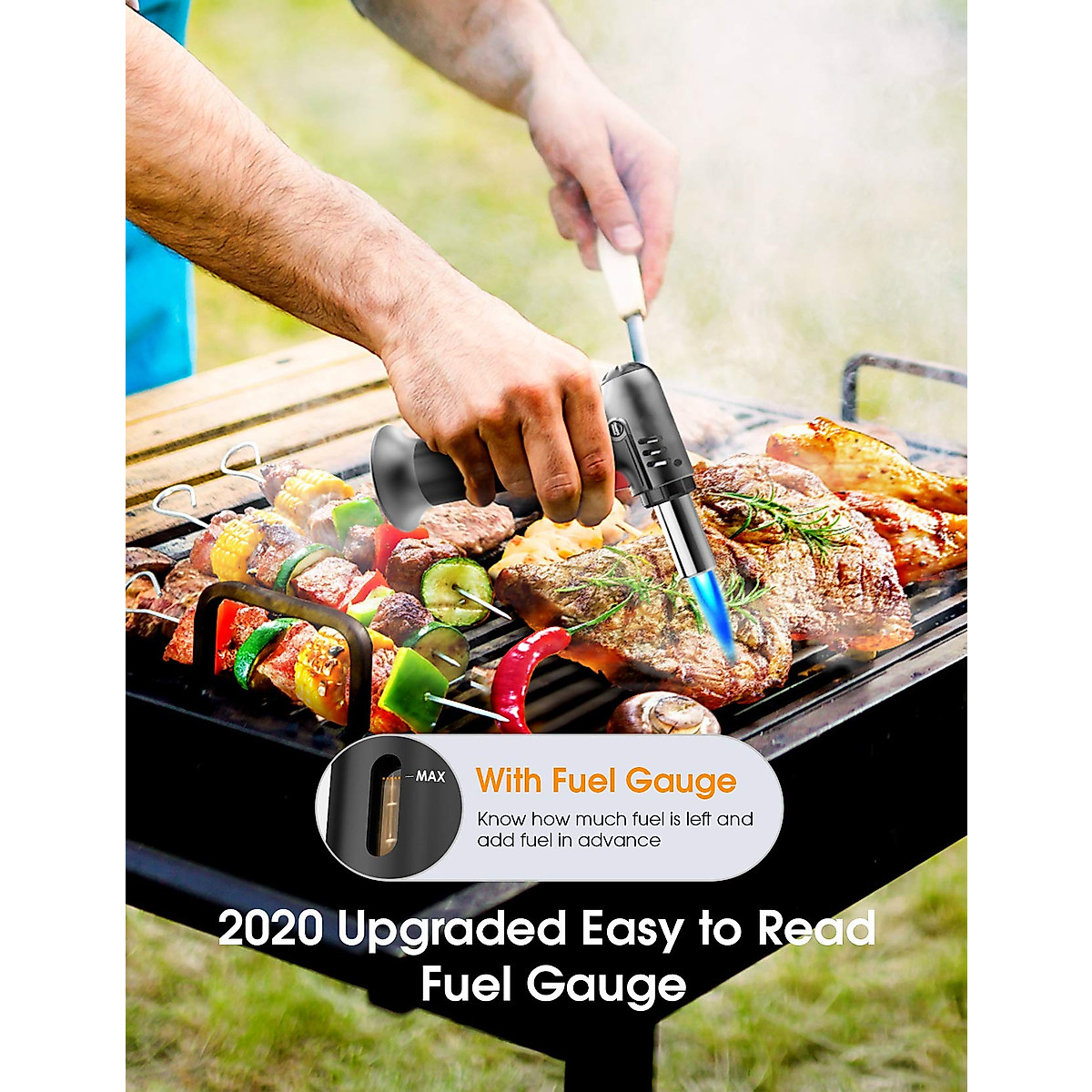 Butane Torch with Fuel Gauge,Homitt Refillable Cooking Torches with One-handed Operation &Safety Lock,Adjustable Flame,Fit All Butane Tanks Kitchen Culinary Butane Torch for Cooking,Baking,BBQ