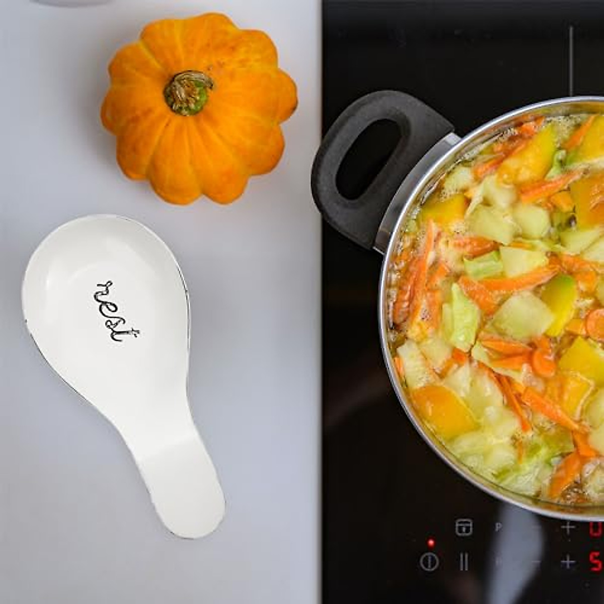 AuldHome Farmhouse White Spoon Rest, Distressed Enamel Ceramic Spoon Holder in Rustic Style