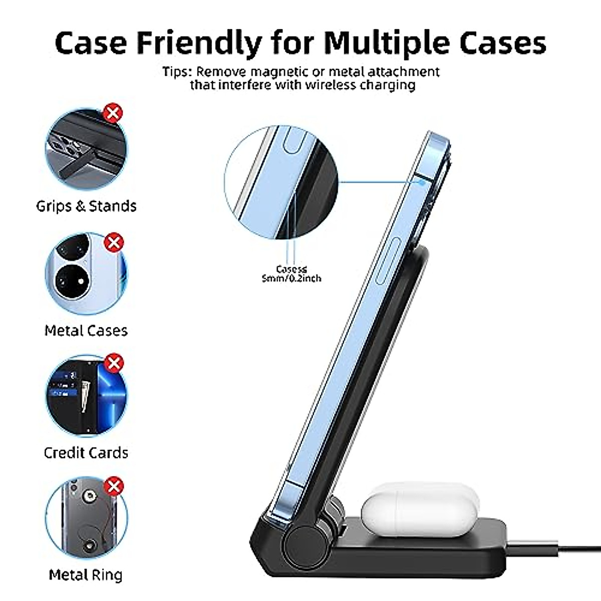 Wireless Charger for iPhone/Samsung/AirPods, 2-in-1 iPhone Charger Fast Charging, Wireless Charging Station for iPhone14/13/12/11/Pro/Max/SE/XS/XR/X/8 Plus/8, AirPods/Google/LG/Sony, etc