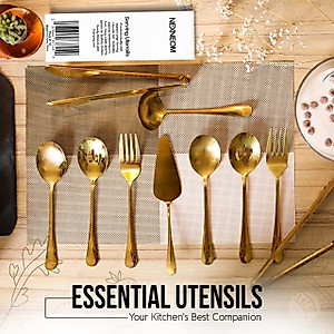 NEXNEOM Serving Utensils Set Gold 10-Piece - Stainless Steel Stunning Mirror-Finish, Lightweight, Dishwasher Safe - Includes Slotted Spoons, Forks, Tongs, Ladle, and Pie Server for buffet & parties