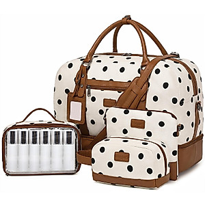 Wogarl 4PCS Weekender Bags for Women Large Overnight Bag Weekend Travel Duffel Bag Carry on Shoulder with Shoe Compartment Canvas Toiletry Bag for Travel Business Gym,Black Dot