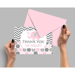Paper Clever Party Pink Elephant Thank You Cards with Envelopes for Boys Baby Shower, Gender Reveal, Birthday, Everyday Occasions, Small Folded Note Set, 20 Pack