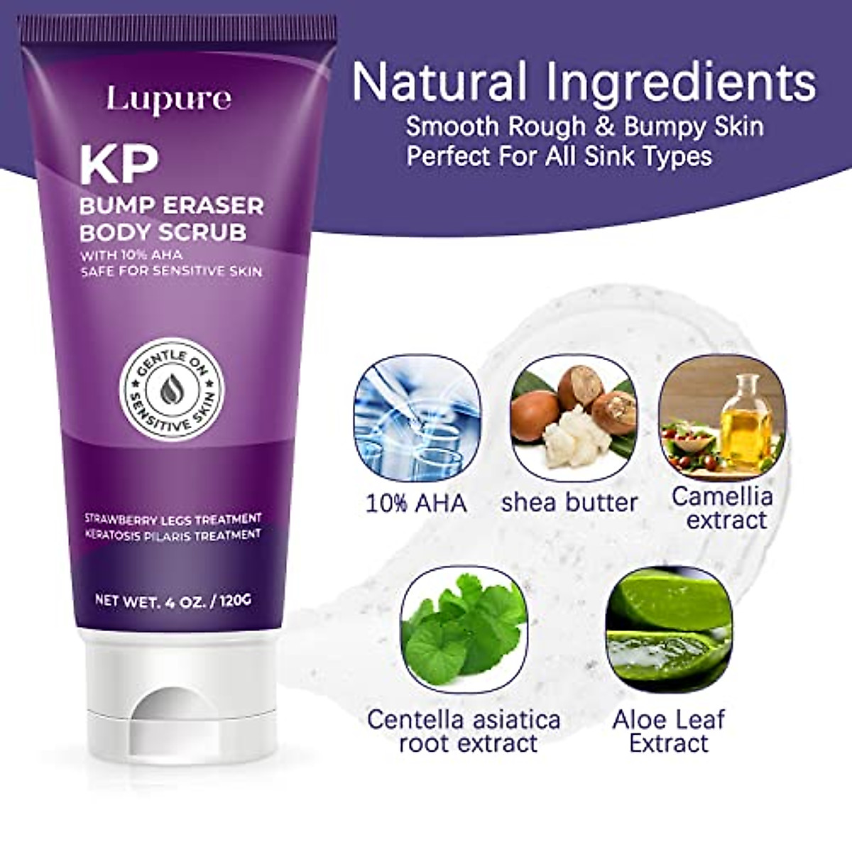 Lupure KP Bump Eraser Body Scrub, Strawberry Legs Treatment, Exfoliating Body Scrub, Body Scrubs For Women Exfoliation, Dead Skin and Dry, Rough, with 10% Lactic Acid (AHA) Reduce Bumps,
