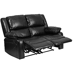 BizChair Black LeatherSoft Loveseat with Two Built-In Recliners