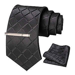 JEMYGINS Plaid Black Tie and Pocket Square Hankerchief Mens Silk Necktie with Tie Clip Sets(2)