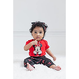 Disney Minnie Mouse Newborn Baby Girls Bodysuit Pants and Headband 3 Piece Outfit Set Black/Red 0-3 Months