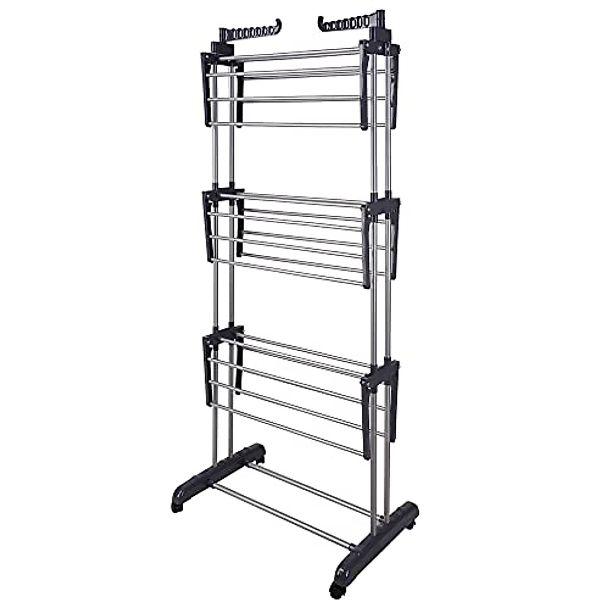 Aquaterior Folding 3 Tier Clothes Drying Rack Rolling Collapsible Garment Laundry Dryer Hanger Stand Rail Indoor Dark Grey