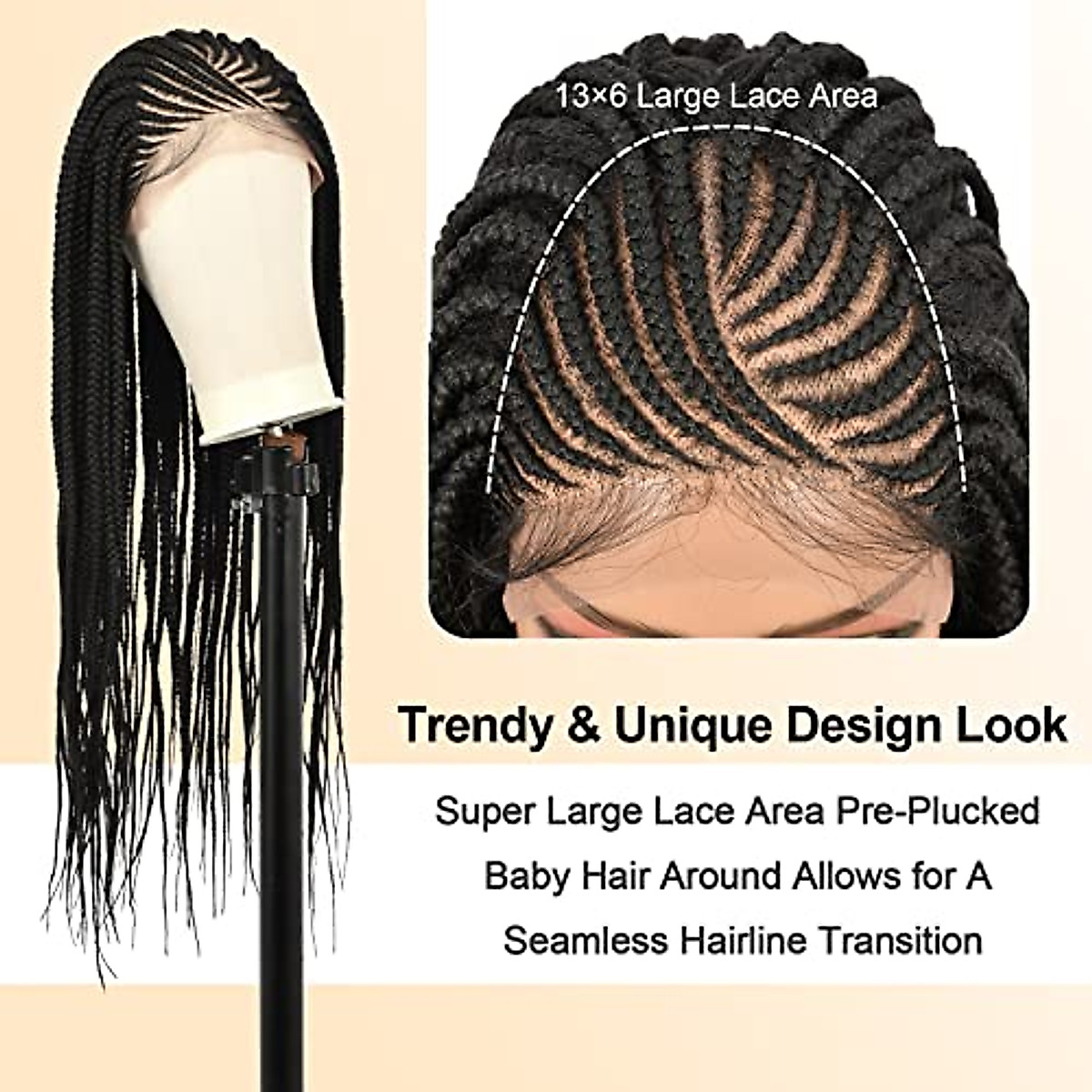 Brinbea 13X6" Lace Front Braided Wigs Black Box Braid Wig with Baby Hair Lace Frontal Cornrow Braided Wigs Premium Synthetic Braid Hair Wigs for Women 30 inch