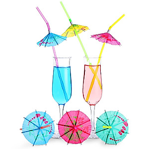 300 Pcs Umbrella Parasol Drinking Straws Luau Party Decorations Bendable Hawaiian Cocktail Straws with Umbrella Disposable Drinking Straws for Summer Beach, Hawaiian Party Decorations