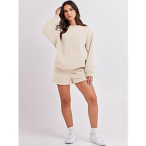 ANRABESS Women 2 Piece Outfits Sweat Shorts Sets 2025 Oversized Casual Lounge Matching Set Sweatsuit Tracksuit Clothes Apricot Small